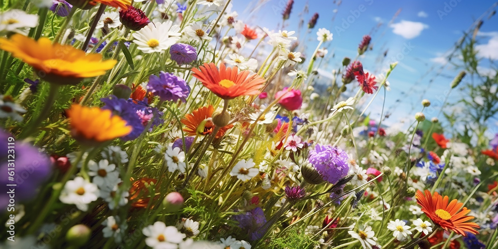 Prato di fiori colorati in estate, visto dal basso, fiori di campo ...