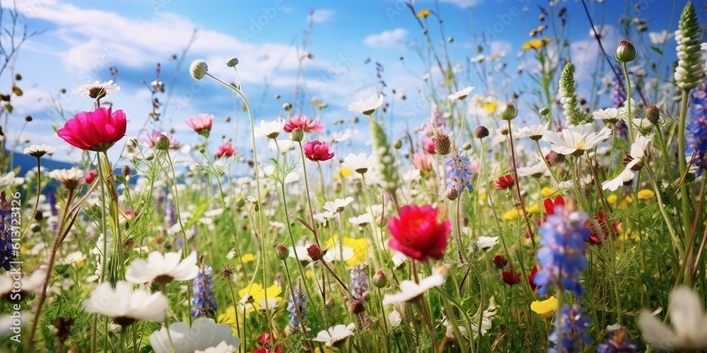 Prato di fiori colorati in estate, visto dal basso, fiori di campo ...