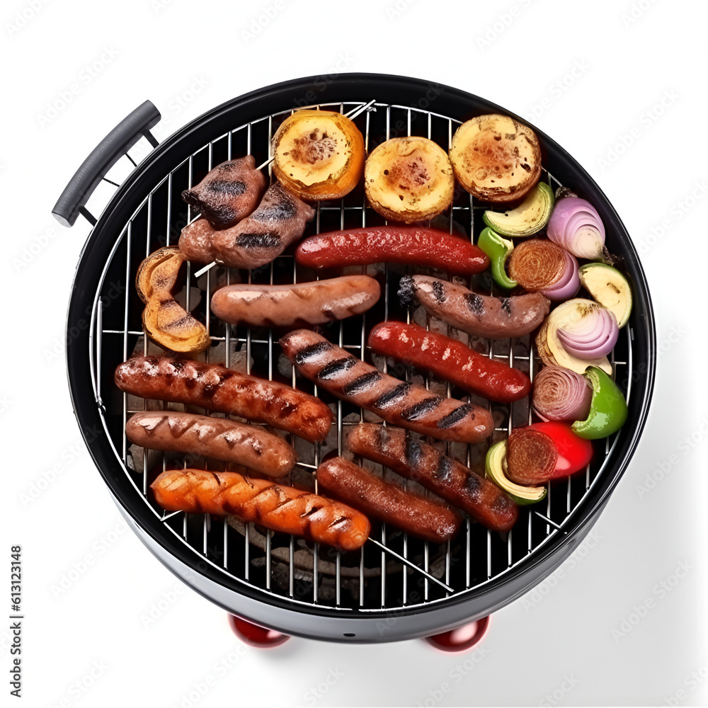 Top view of grill grates with steak, vegetables und mushrooms isolated ...