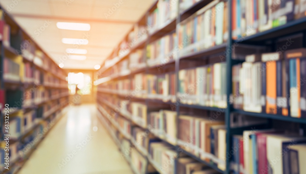 Blurred public library interior space. Defocused bookshelves with books ...
