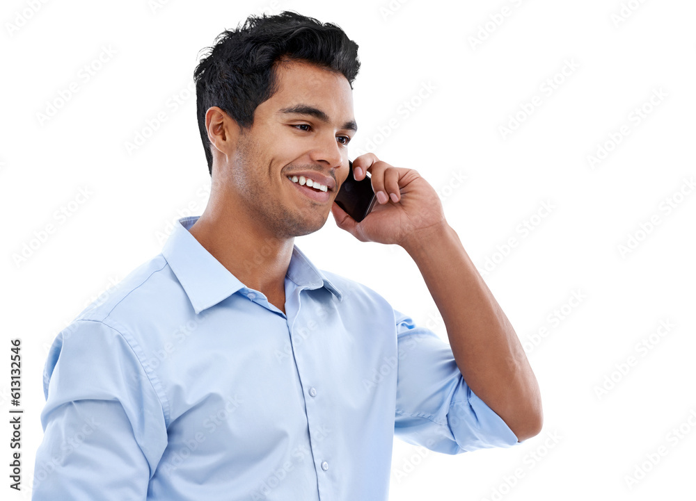 Phone call, talking and business man with happy communication ...