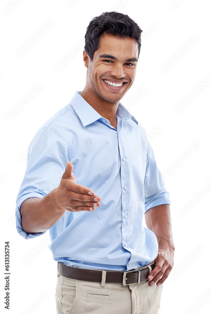 Portrait, handshake and business man with opportunity isolated on a ...
