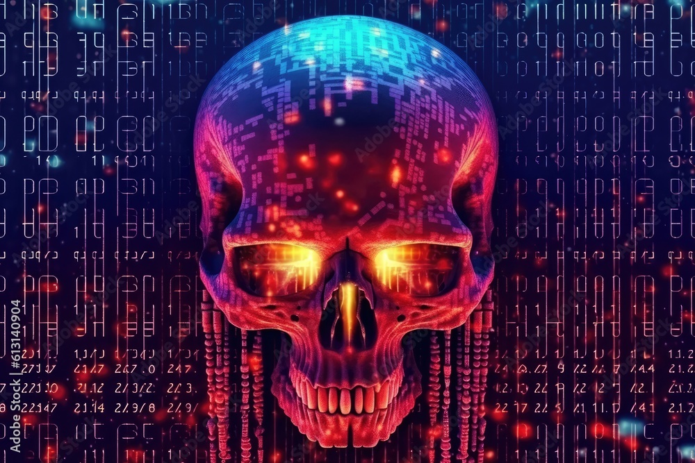 Digital illustration of human skull with digital binary code.Hacker ...
