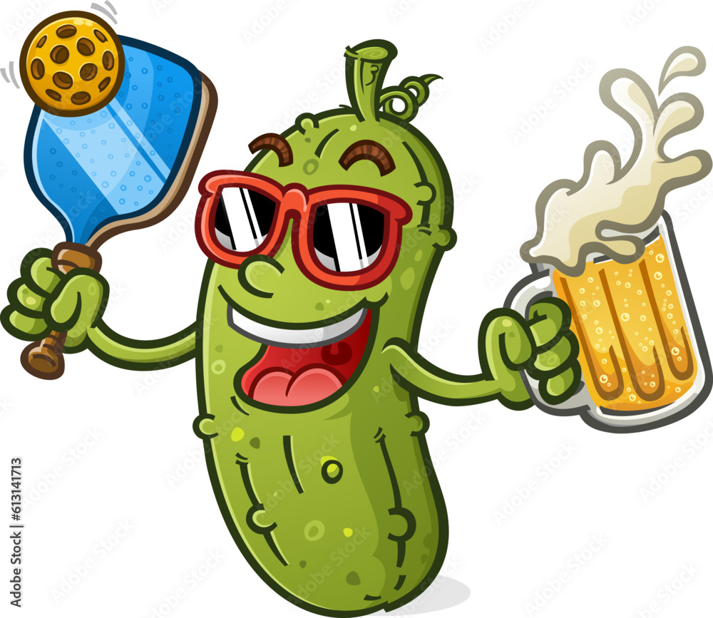 Cool pickle cartoon mascot with attitude holding at tall mug of beer ...