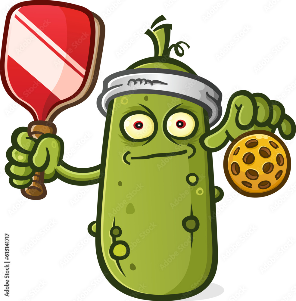 Pickle zombie cartoon mascot wearing a sweatband and holding a paddle ...