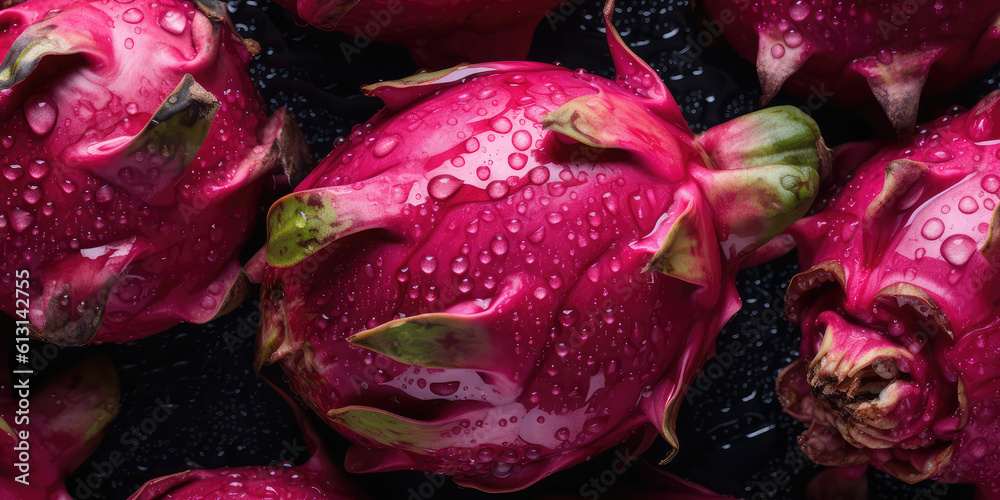 Top view close up of ripe fresh dragon fruit in drops of water on a ...