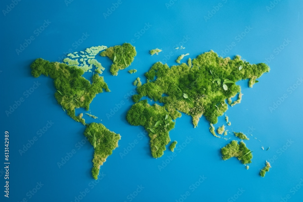 Generative AI of a flat world map created from moss and greenery ...
