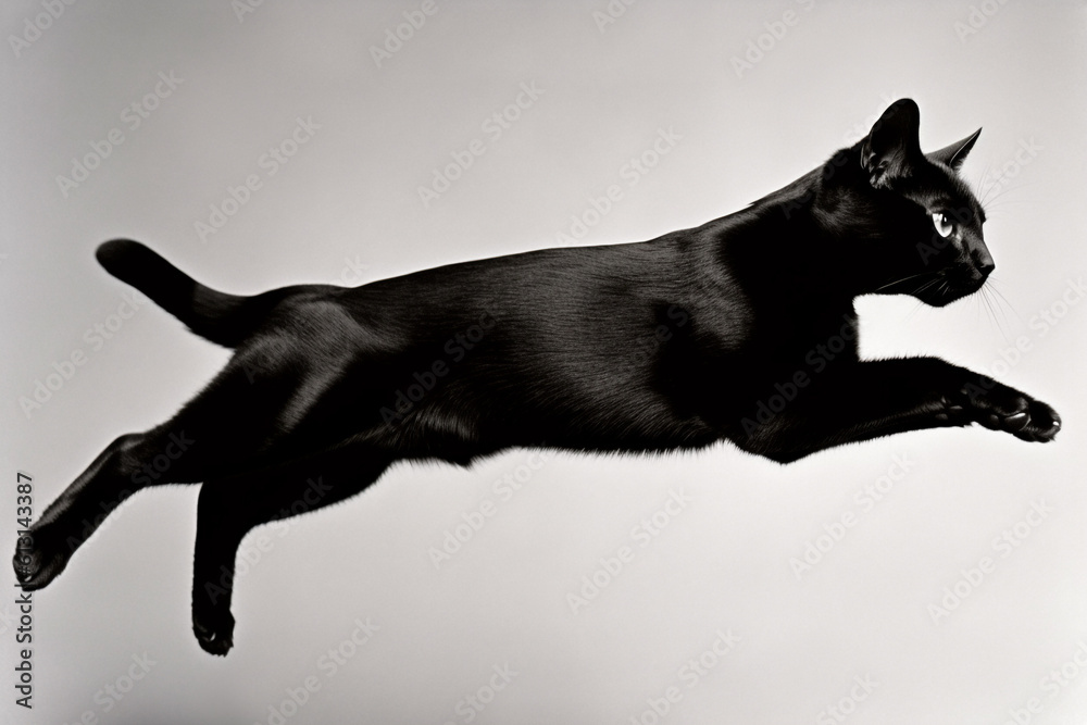 Generative AI of a jumping black cat in black-and white as superstition ...