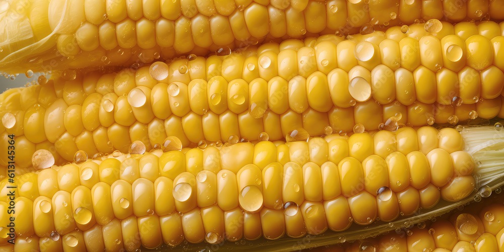 Top view closeup of milky pilled corn cob in drops of water on a black ...