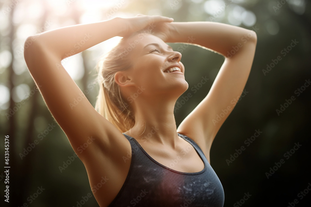 Athletic blonde woman outstretching her arms after doing exercises. Stock Illustration | Adobe Stock