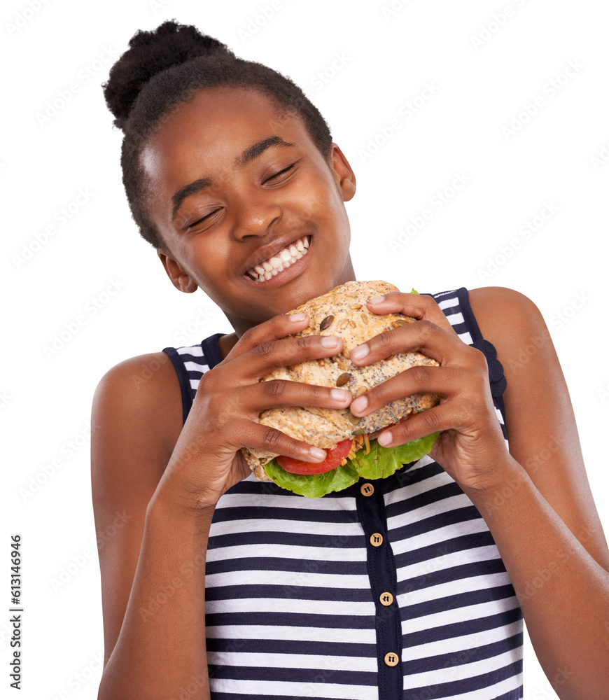 Face, sandwich and organic with a black girl on a diet isolated on a ...