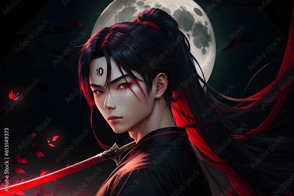 A gothic anime depiction featuring a young Asian male with glowing red ...