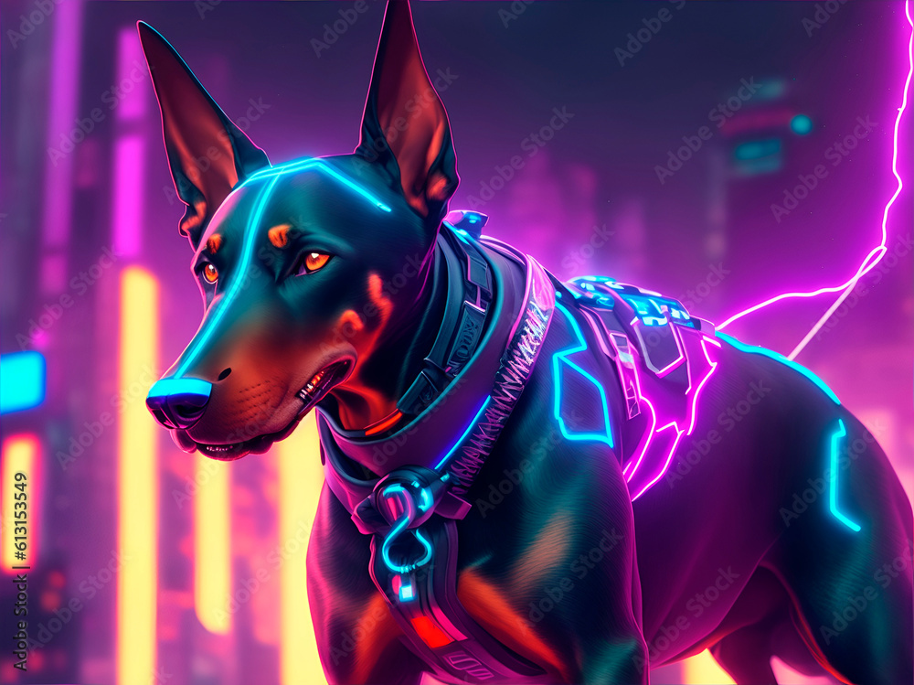 doberman dog, character sheet, lightning wave, 3d, cg, glowing neon ...