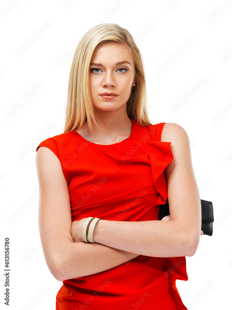 Portrait, serious and woman with fashion, arms crossed and model ...