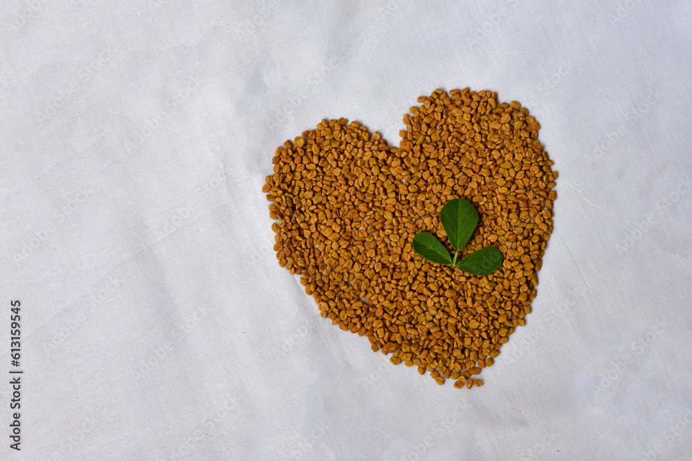 Fenugreek Seeds (Methi Dana) and leaves in heart shape on white ...