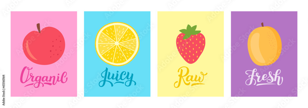 Fruit labels template with hand lettering. Apple, lemon, strawberry and ...
