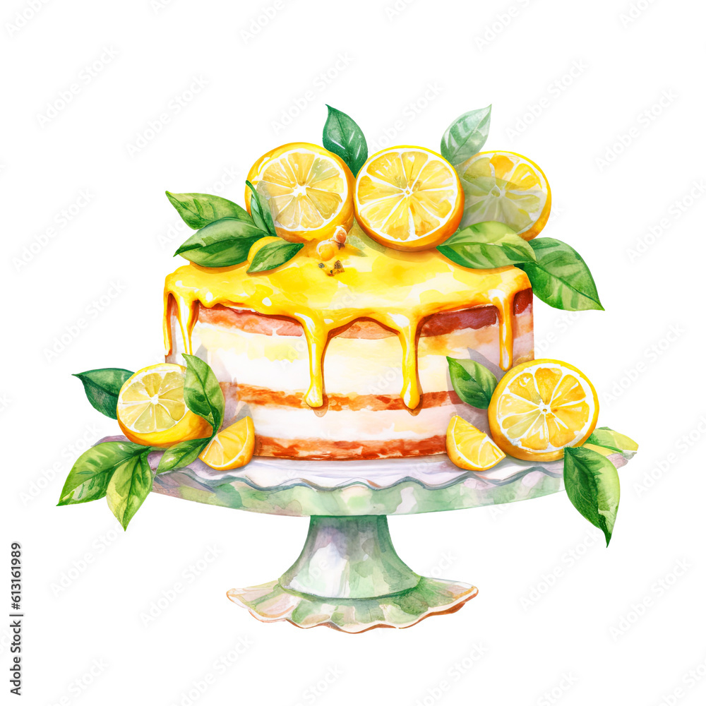 Cake with lemon Watercolor Illustration Stock Illustration | Adobe Stock