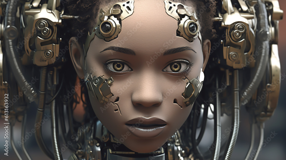 Dark skin Humanoid robot girl with realistic face and metal mechanisms ...