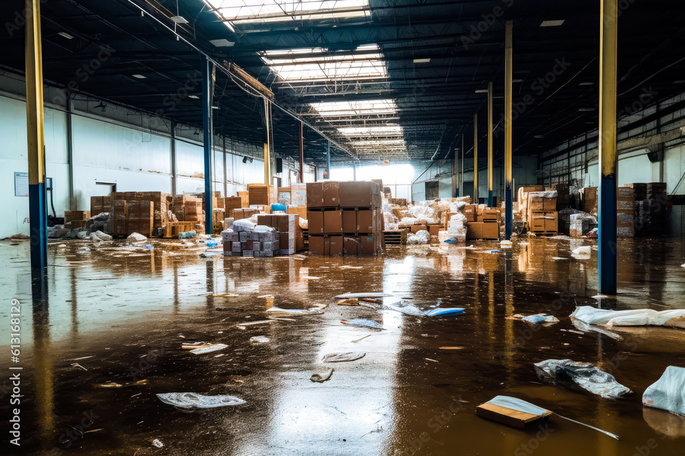 Aftermath of a flood inside a warehouse, water damaged industrial ...