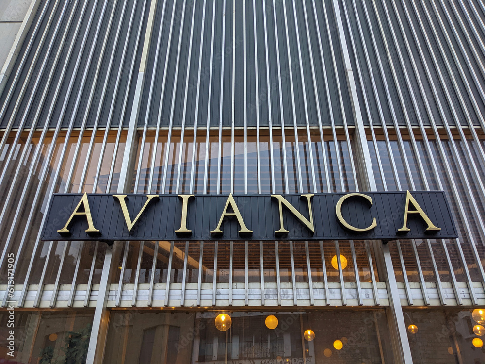 Sign Avianca on the headquarter building facade in the city center ...