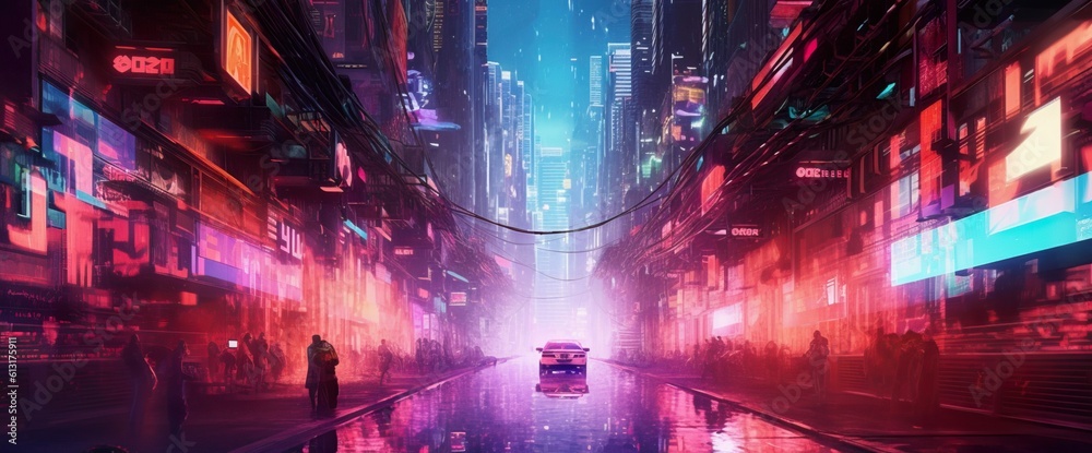 Cyberpunk neon city street at night. Futuristic city scene in a style ...