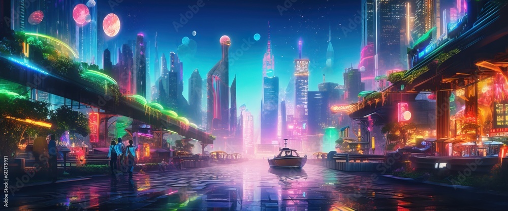 Cyberpunk neon city street at night. Futuristic city scene in a style ...