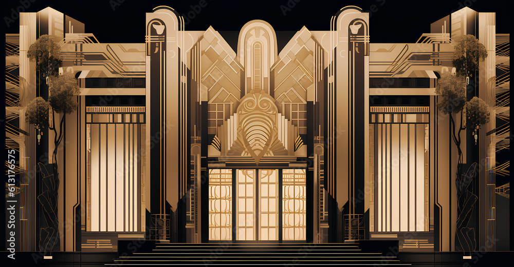 visual representation of a grand art deco architectural facade ...