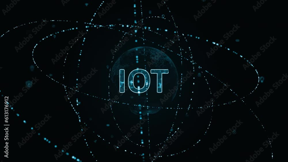 Motion graphic of Blue digital IOT logo with particle ring circle ...