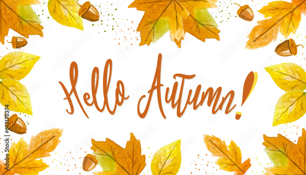 Autumn background. Watercolor maple leaves and acorn border. Frame with ...