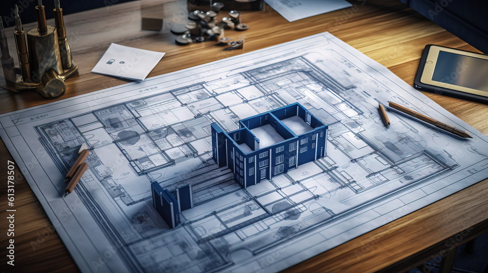 3D house mockup model on 2D architectural blueprints. Real estate ...