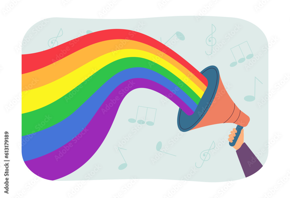 Hand holding megaphone with rainbow vector illustration. Cartoon ...