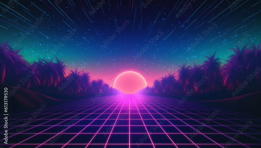 alien planet and space Sunset Synthwave mountains: Retro Landscape 80's ...