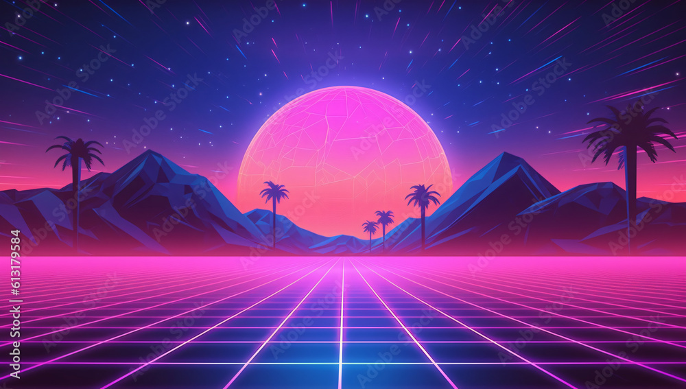 alien planet and space Sunset Synthwave: Retro Landscape 80's Scene ...
