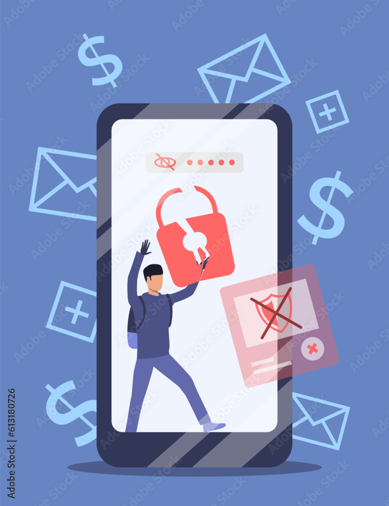Thief breaking lock on smartphone screen vector illustration. Hacker ...