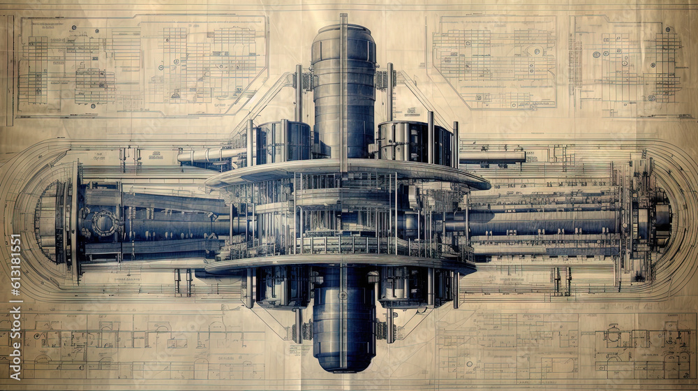 Detailed blueprint of a nuclear reactor, illustrating the complex ...