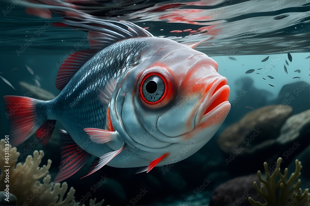 A fish with a red eye and a red eye is in the water. Generative AI ...