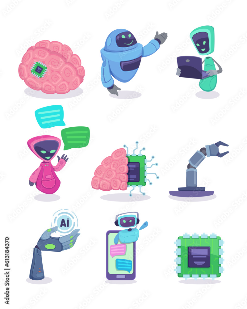 Vetor de Comic robots and memory chips vector illustrations set ...