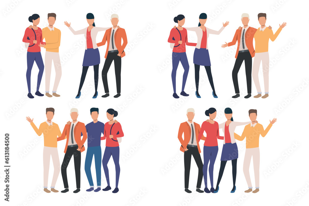 Groups of happy people vector illustration set. Coworkers, friends or ...