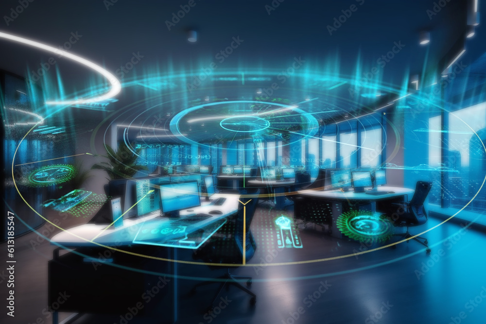 Modern neon cyberpunk open space office interior blurred with ...