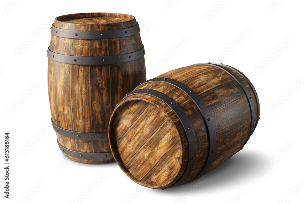 Two wooden barrels, standing upright and lying down, isolated on an ...