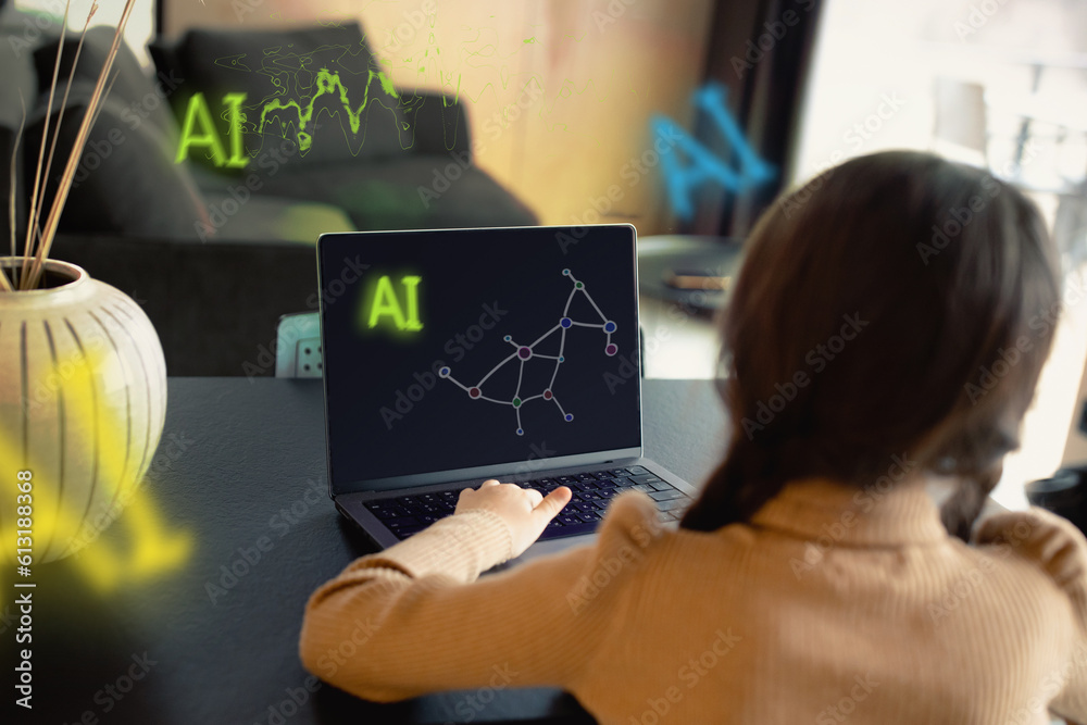 Caucasian little girl using a laptop PC. Education technology. EdTech ...