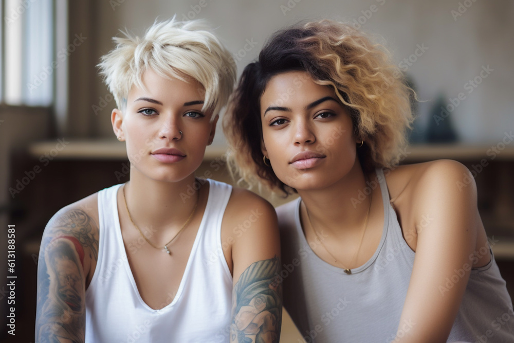 Multicultural generative ai lesbian couple practicing mindfulness ...