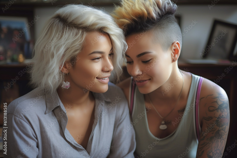 Multicultural generative ai lesbian couple practicing mindfulness ...
