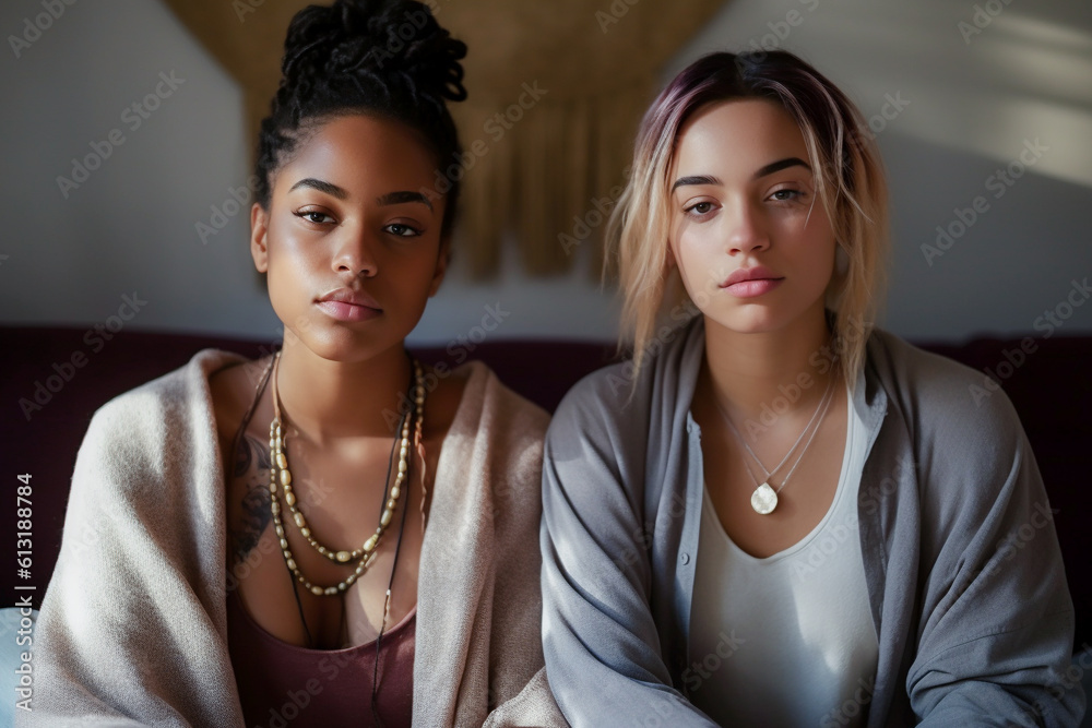 Multicultural generative ai lesbian couple practicing mindfulness ...