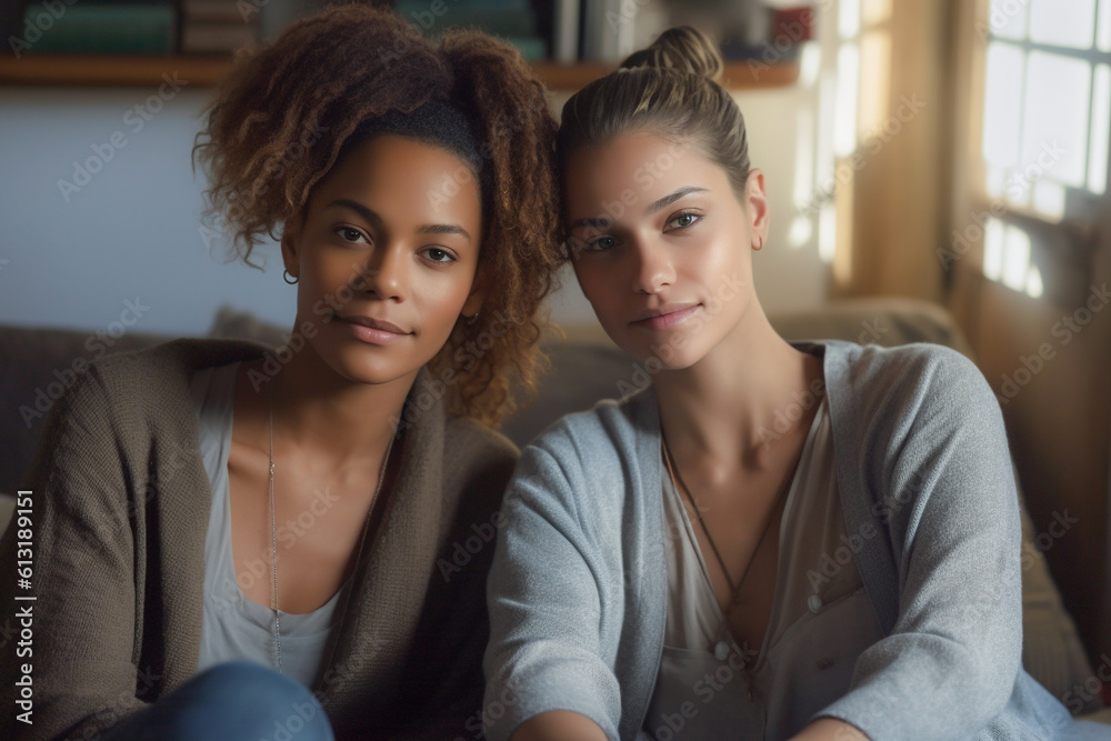 Multicultural generative ai lesbian couple practicing mindfulness ...