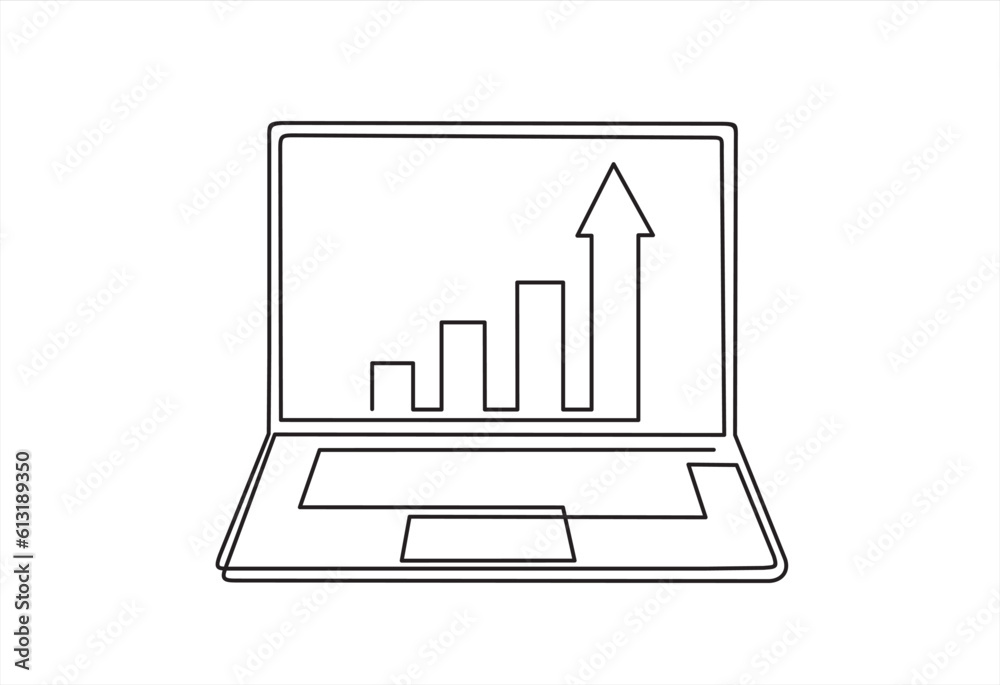 One continuous line drawing of computer laptop with a chart on it ...