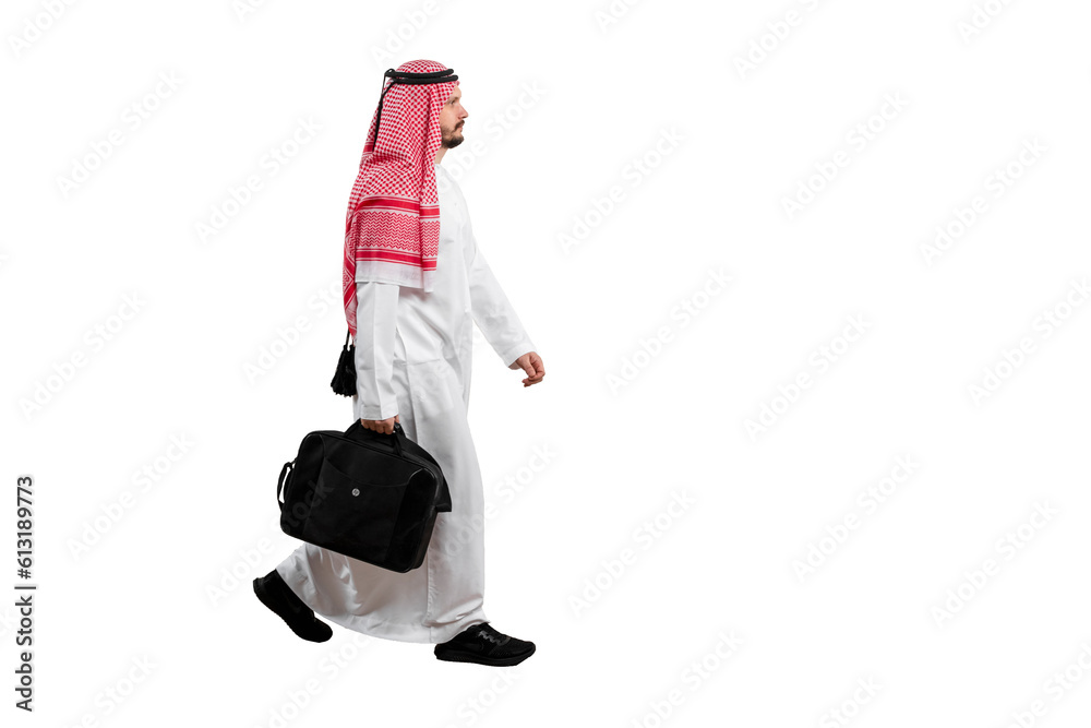 Male Arab with briefcase isolated white background in traditional ...