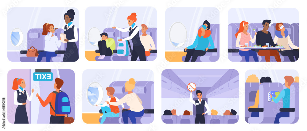 Depicting passengers traveling by plane. Isolated cartoon scenes inside ...