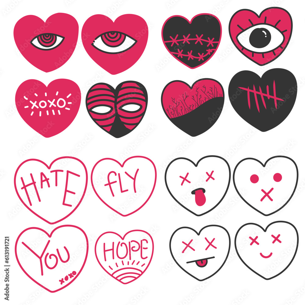 Set of red hand drawn hearts. Hand drawn cool emo dark heart isolated ...