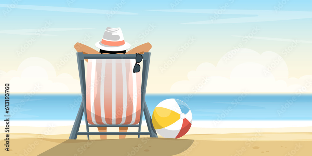 Human rest over sun lounger with plastic ball on sand beach, Digital ...